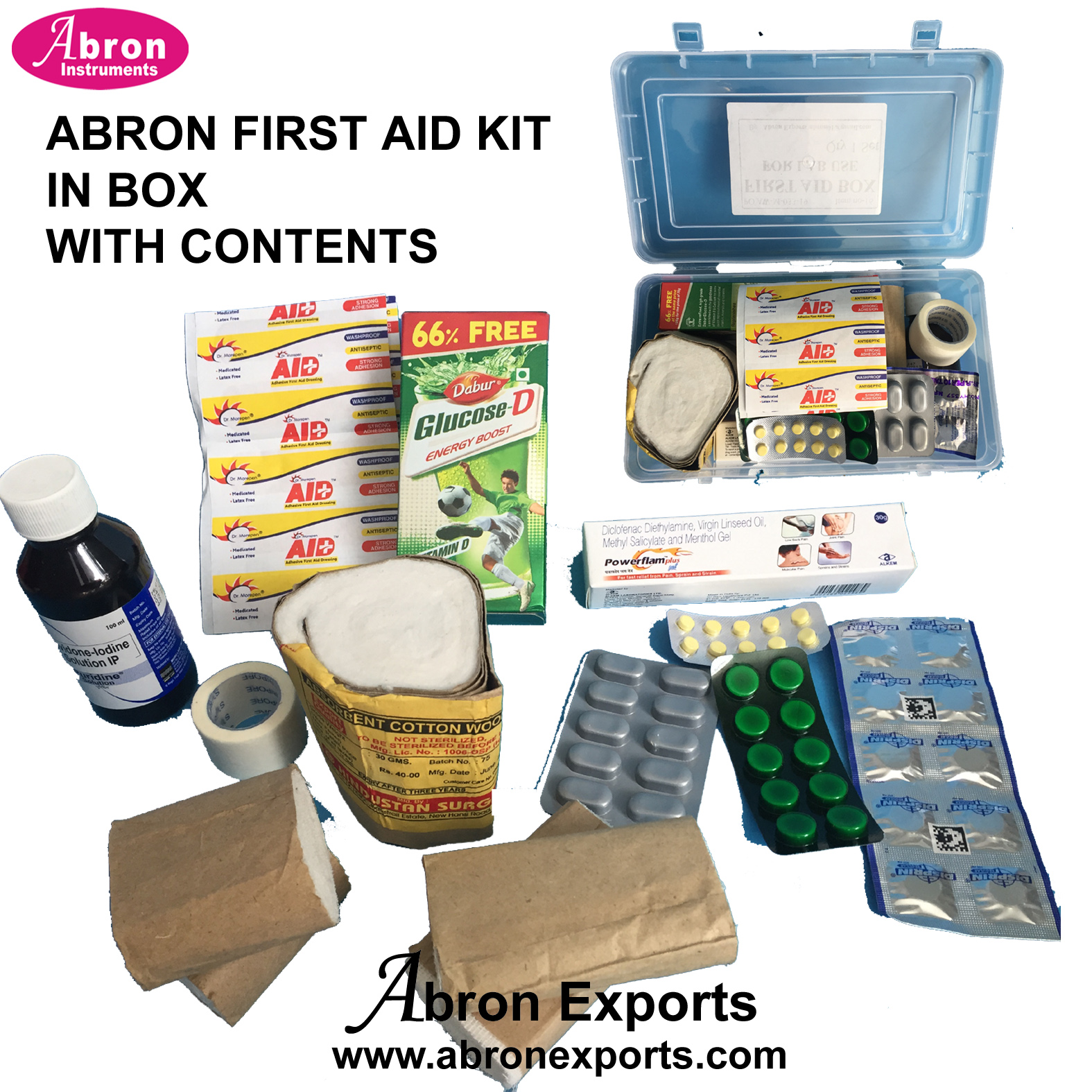 First aid kit in plastic box 9 people with savlon cotton, crape bandage ...